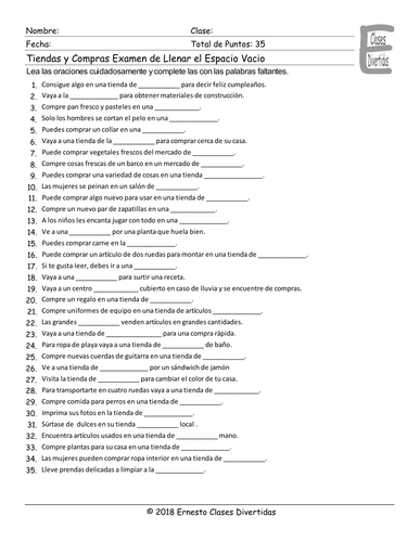 Stores and Shops Spanish Fill In The Blanks Exam | Teaching Resources