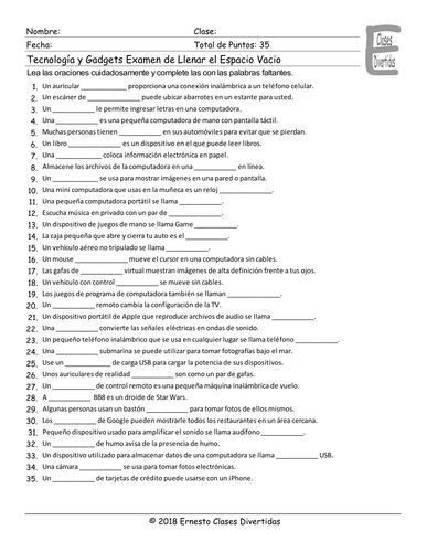Technology and Gadgets Spanish Fill In The Blanks Exam | Teaching Resources