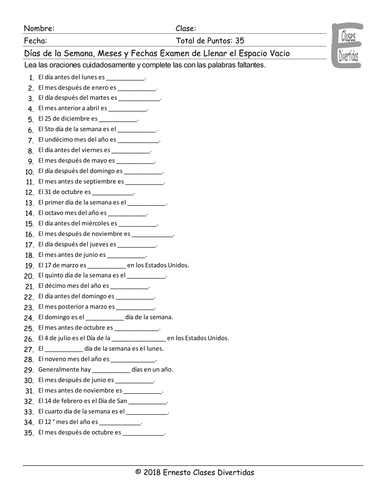 Weekdays, Months and Dates Spanish Fill In The Blanks Exam | Teaching ... Weekdays, Months and Dates Spanish Fill In The Blanks Exam | Teaching ...