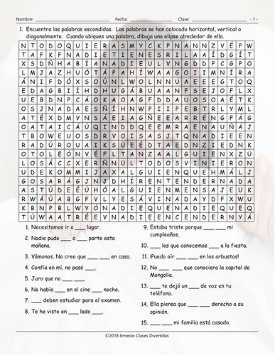 Indefinite Pronouns Spanish Word Search Worksheet | Teaching Resources