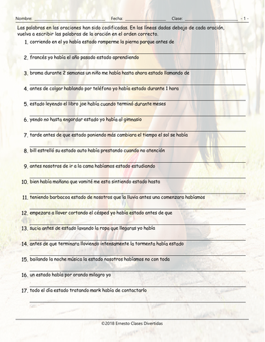 Past Perfect Continuous Tense Spanish Scrambled Sentences Worksheet ...