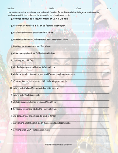 American versus Mexican Holidays Spanish Scrambled Sentences Worksheet ...