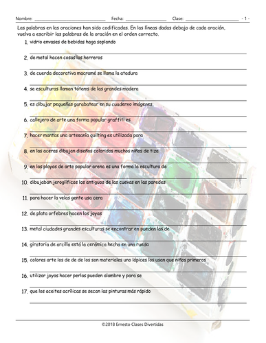 Art Forms Scrambled Spanish Sentences Worksheet | Teaching Resources