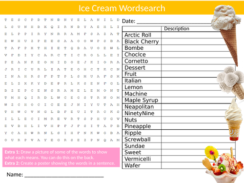 Ice Cream Icecream #2 Wordsearch Sheet Starter Activity Keywords Cover ...