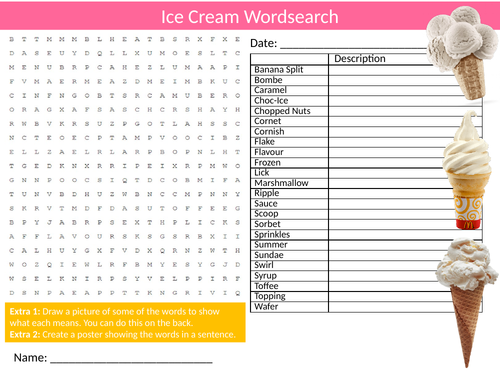 2 x Ice Cream Icecream Wordsearch Sheet Starter Activity Keywords Cover ...