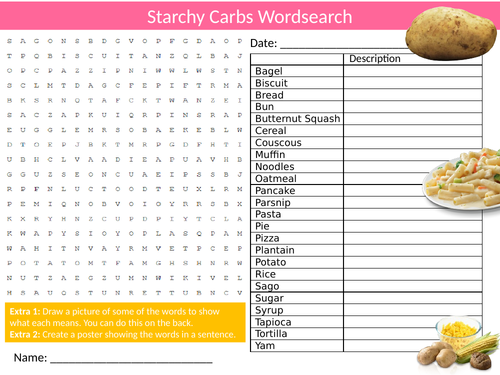 Starchy Carbohydrates Wordsearch Sheet Starter Activity Keywords Cover ...