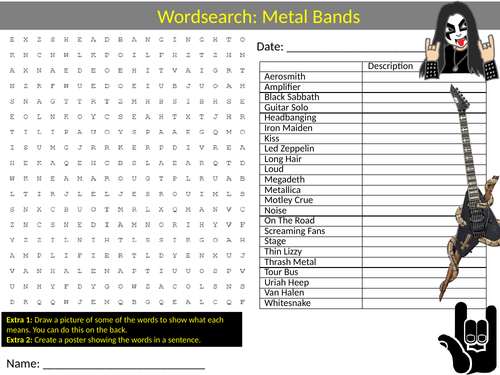 Metal Bands Wordsearch Sheet Starter Activity Keywords Cover Music ...