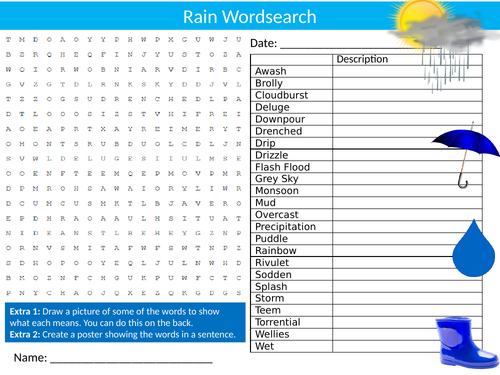 Rain Wordsearch Sheet Starter Activity Keywords Cover Geography Weather ...