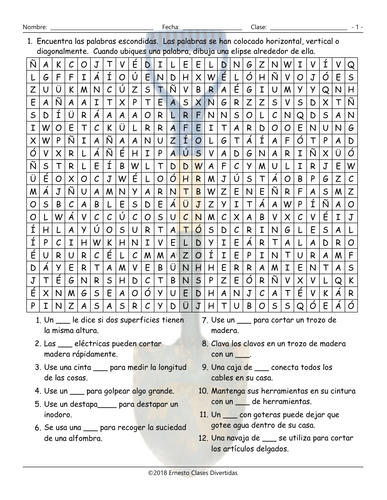 House Repairs, Tools, and Supplies Spanish Word Search Worksheet ...