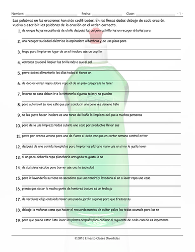 Household Chores and Cleaning Supplies Spanish Scrambled Sentences ...