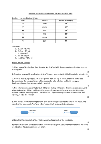 A-level Physics Calculations Worksheet or assessment with mark scheme ...