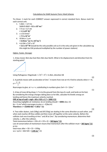 A-level Physics Calculations Worksheet or assessment with mark scheme ...
