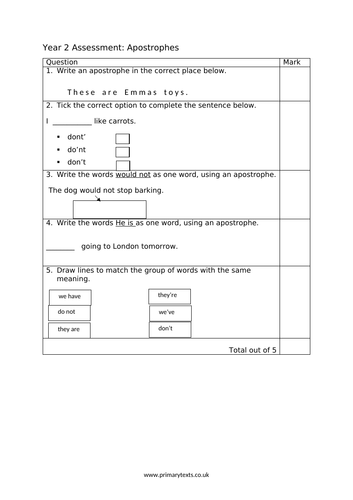 Year 2 Apostrophes: PPT Lesson and Assessment | Teaching Resources