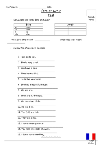 FRENCH - Introduction to Avoir & Être - Worksheets | Teaching Resources