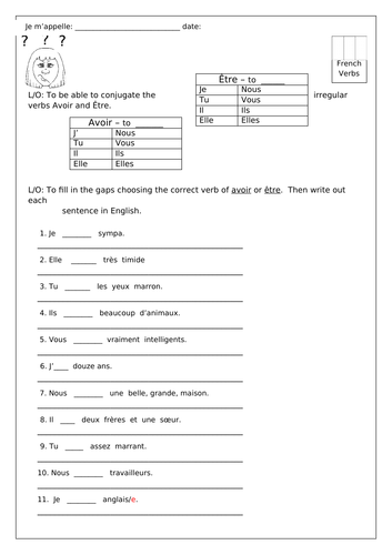 FRENCH - Introduction to Avoir & Être - Worksheets | Teaching Resources