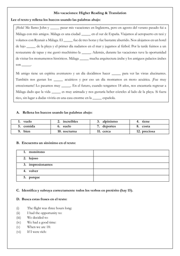 GCSE Spanish Las Vacaciones - the past tense: Holidays Reading ...