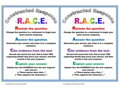 R.A.C.E. Constructed Response Poster (2 on a Page) | Teaching Resources