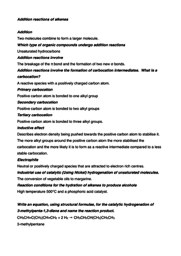 Addition reactions of alkenes | Teaching Resources