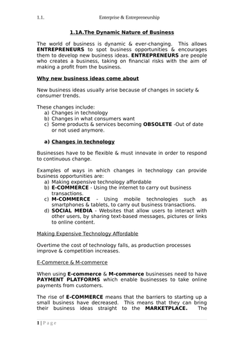 Scheme of Learning for GCSE Business Edexcel 9-1. Theme 1.1. Enterprise ...