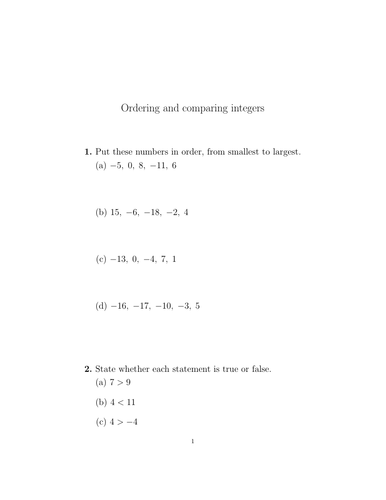 Ordering and comparing integers worksheet (with solutions) | Teaching ...