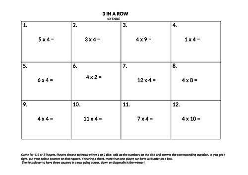 4 times table 3 in a row game | Teaching Resources