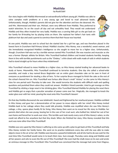 Matilda - by Roald Dahl - Summary Reading & Comprehension Exercises ...