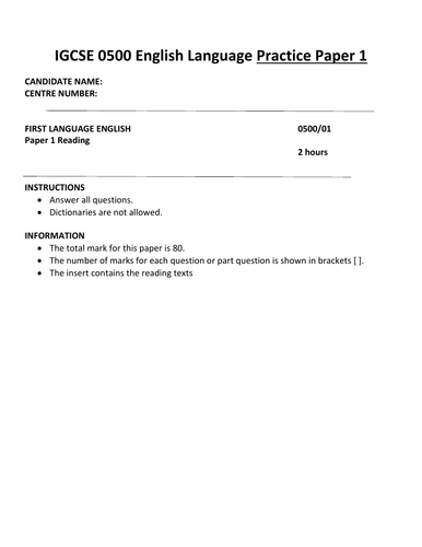 Cambridge IGCSE 0500 English Language Practice Paper 1 | Teaching Resources