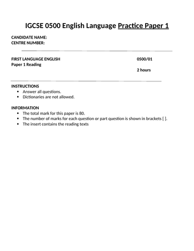 Cambridge IGCSE 0500 English Language Practice Paper 1 | Teaching Resources