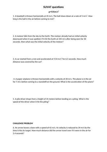 A Level / IB- Equations of Motion - SUVAT | Teaching Resources