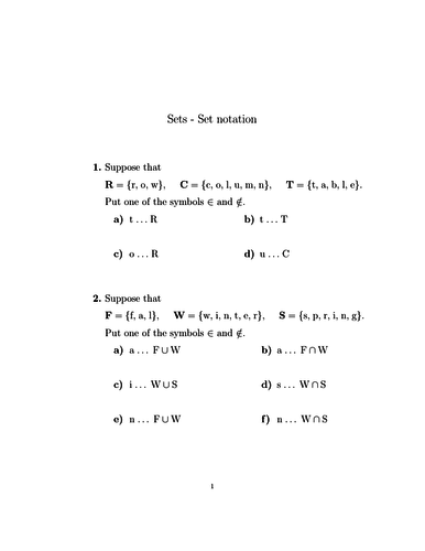 Sets worksheet no 2 (with solutions) | Teaching Resources