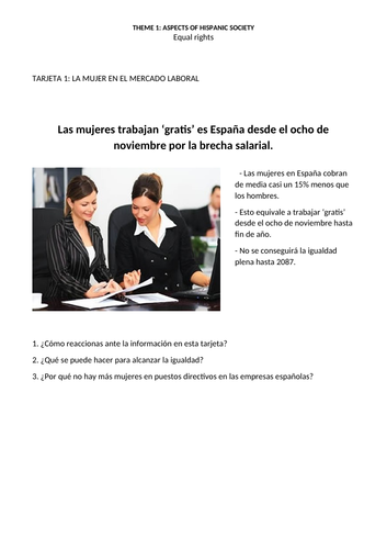 Spanish A Level: Paper 3. Discussion cards. Equal rights (La igualdad ...