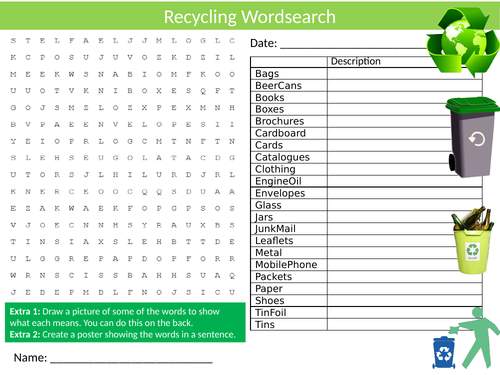 Recycling Wordsearch Sheet Starter Activity Keywords Cover Homework ...