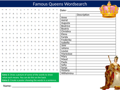Famous Queens Wordsearch Sheet Starter Activity Keywords Cover Homework ...