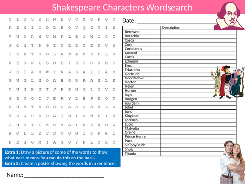 Shakespeare Characters Wordsearch Sheet Starter Activity Keywords Cover ...