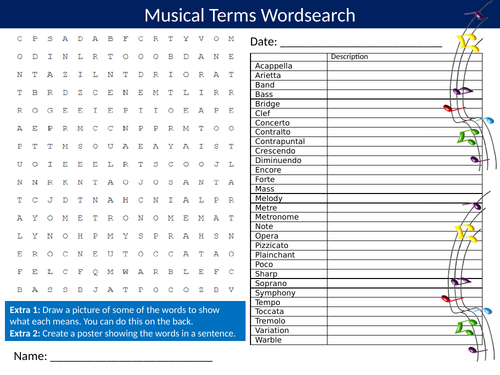 Musical Terms Wordsearch Sheet Starter Activity Keywords Cover Homework ...