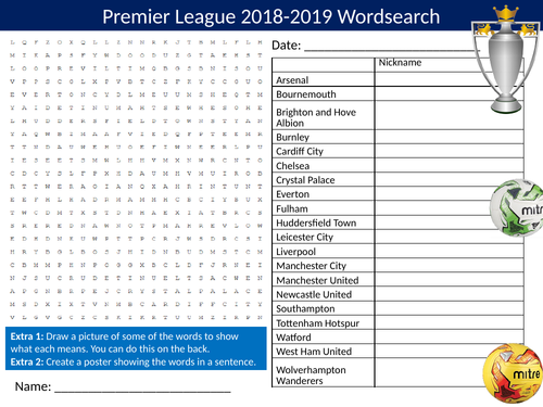 Premier League Teams 2018-2019 Wordsearch Sheet Starter Activity ...