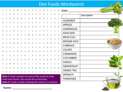Diet Foods Wordsearch Sheet Starter Activity Keywords Cover Homework ...