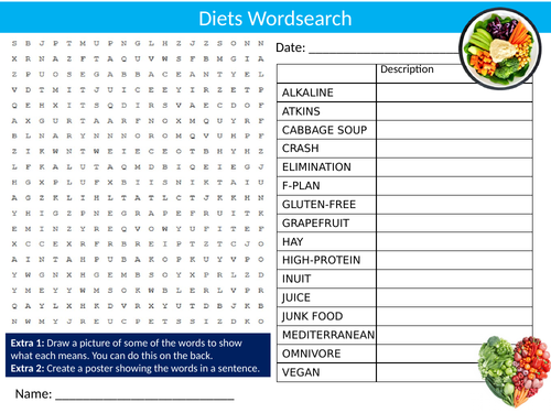 3 x Diets Wordsearch Sheet Starter Activity Keywords Cover Homework ...
