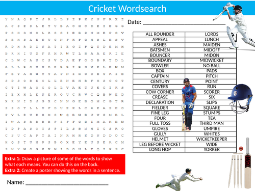 Cricket Wordsearch Sheet Starter Activity Keywords Cover Homework PE ...