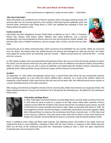 The Life and Work of Frida Kahlo - Reading Comprehension Worksheet ...