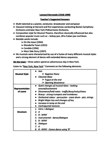 Leonard Bernstein A-level Musical Theatre Listening | Teaching Resources