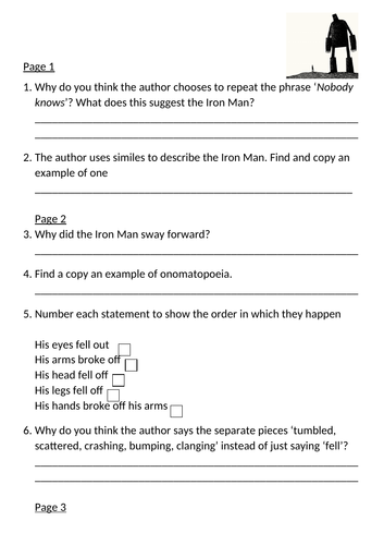Iron Man reading comprehension pages 1 - 6 HA, LA, SEN | Teaching Resources