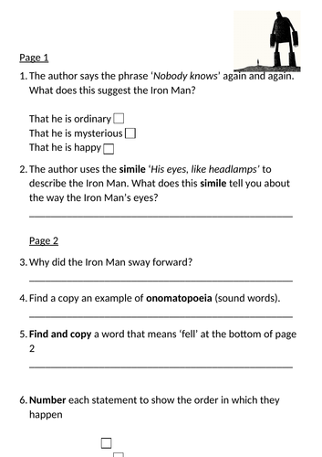 Iron Man reading comprehension pages 1 - 6 HA, LA, SEN | Teaching Resources