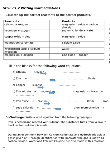 C1.2 Writing word and symbol equations (Inc balancing equations ...