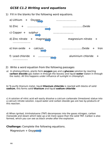 C1.2 Writing word and symbol equations (Inc balancing equations ...