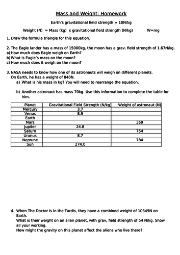 Mass and Weight Calculation sheet | Teaching Resources