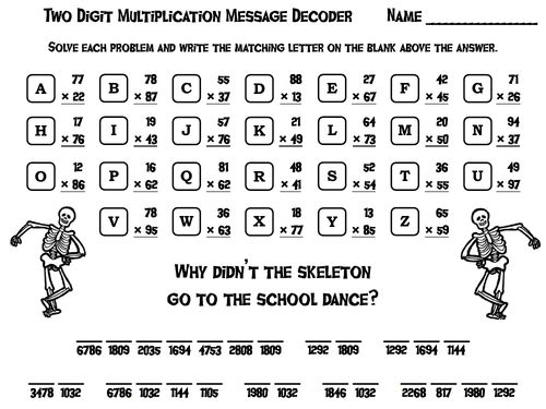 Halloween Math Activity: Two Digit Multiplication Math Message Decoder ...