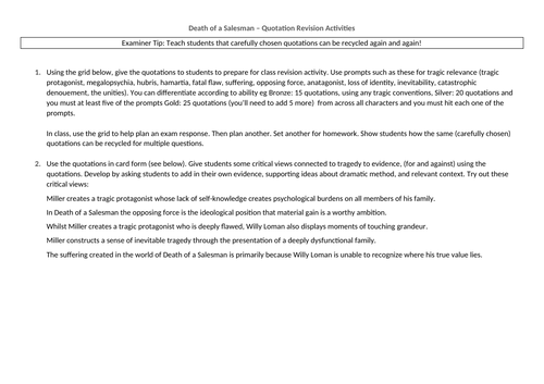 Death of a Salesman revision quotations and activities AQA A level Spec ...