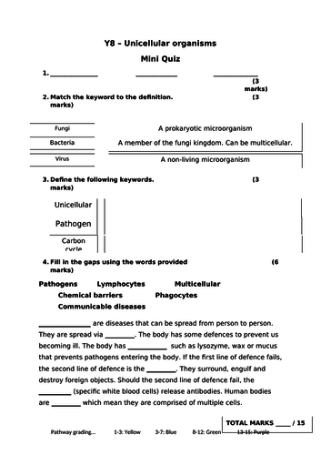 Unicellular organisms Y8 exploring science literacy key word and ...
