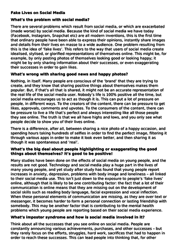 Social Media + Self-Esteem PSHE | Teaching Resources